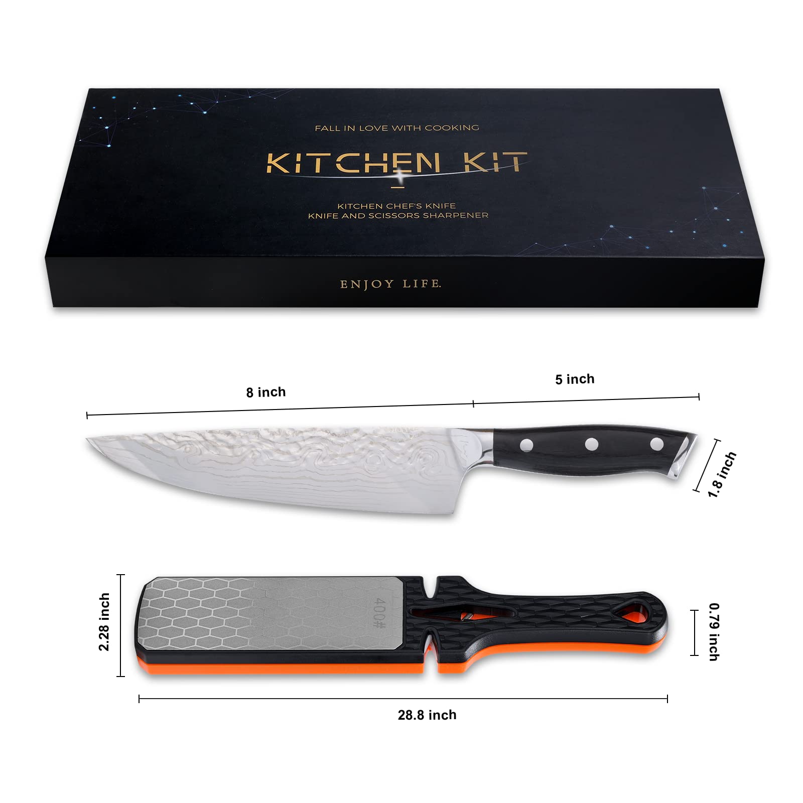 ETITATO Chef Knife Knife Sharpeners, Kitchen Kit 8 Inches Non-Stick Stainless Steel Ultra Sharp Kitchen Knives for Home Kitchen, Professional 5-in-1 Sharpening stone with 3 Slots for Knives Scissors