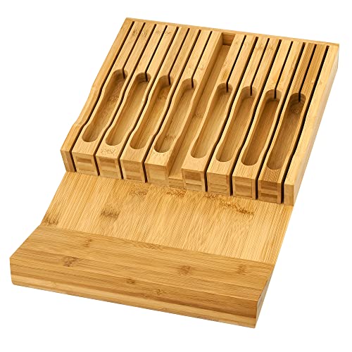EcoFives In-Drawer Knife Block,Bamboo Knife Drawer Organizer Insert, Kitchen Knife Drawer Storage for 16 Knives a Slot for your Knife Sharpener (Without Knives)