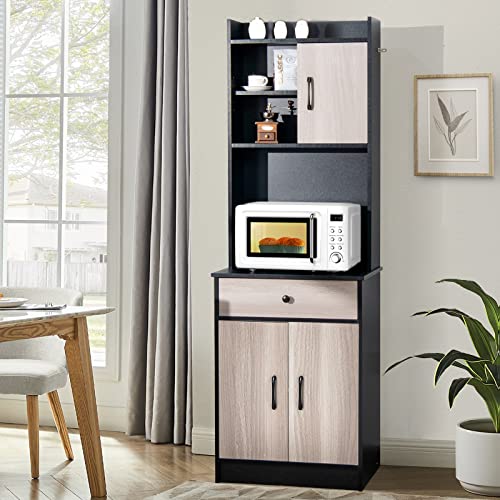 COSTWAY Kitchen Pantry Storage Cabinet, 71” Tall Buffet Hutch Cabinet with Microwave Stand, Adjustable Shelves, Drawer, Freestanding Buffet Cabinet with Storage for Dining Room, Home, Black