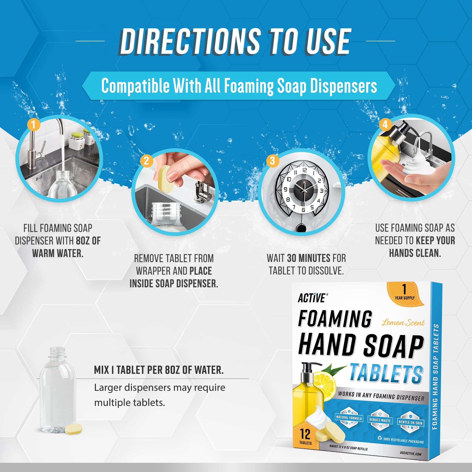 Foaming Hand Soap Tablet Refill - 12 Pack Eco Friendly Hand Wash Tablets, Zero Waste Handwash Concentrate - Equivalent To 96 Fl Oz Liquid (Fills 12 X 8 fl oz Refillable Foam Dispenser) - Lemon Scent