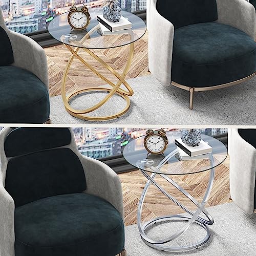 OIOG Glass Round End Table, Living Room Side Table for Small Space, Modern End Table with Tempered Glass Tabletop, Contemporary Side End Table, Chrome Finish