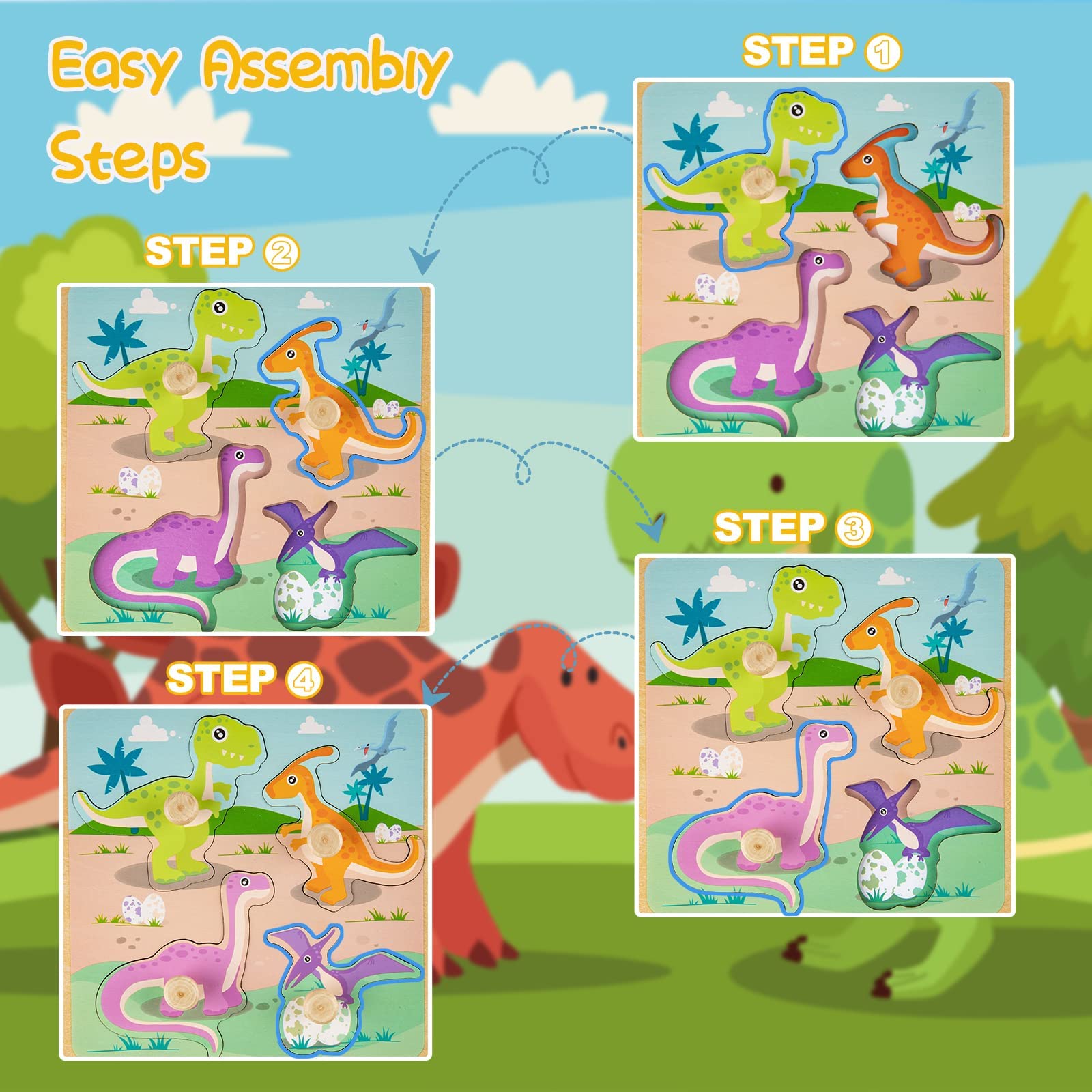 Wooden Toddler Puzzles, Funsland Peg Puzzles Gifts Toys, 4 Pcs Eco Friendly Animal Patterns Jigsaw with Handles, Infant Kid Fine Motor Skill Learning Educational Montessori Puzzles for 1 2 3 Years Old