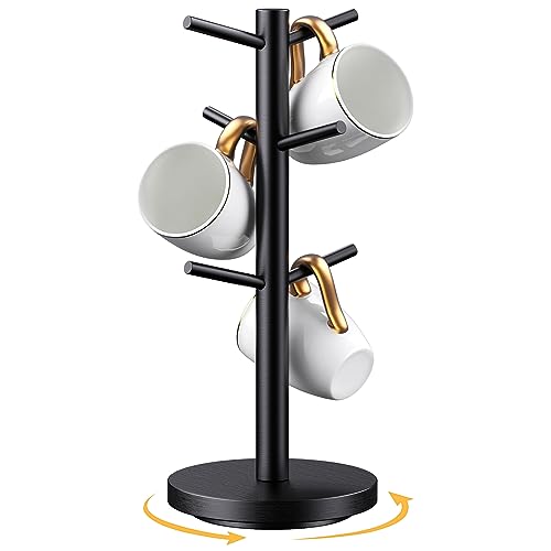 Coffee Mug Holder Tree, Upgraded 360° Rotated Coffee Cup Holder for Counter, Wood Coffee Mug Tree, Coffee Mug Rack with 6 Hooks, Coffee Mug Organizer Station, Mug Stand Coffee Bar Accessories, Black
