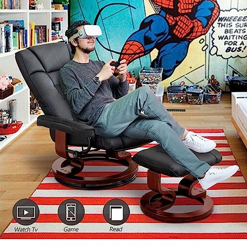 mcombo Swivel Recliner with Ottoman, Multi-Position Leisure Office Chair with Adjustable Back, Faux Leather Ergonomic Lounge Chairs w/Footrest for Bedroom Living Room 9019 (Dark Grey)