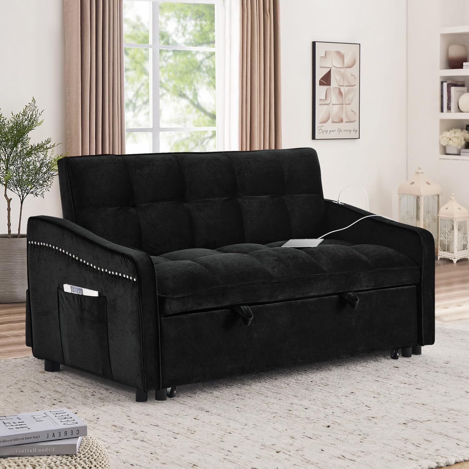 GEEVIVO Futon Sofa Bed with USB Charging Port, Modern 52.8-inch Small Tufted Velvet 3-in-1 Convertible Sleeper Sofa with Pull Out Bed for Small Space, Living Room, Apartment, Bedroom, Grey