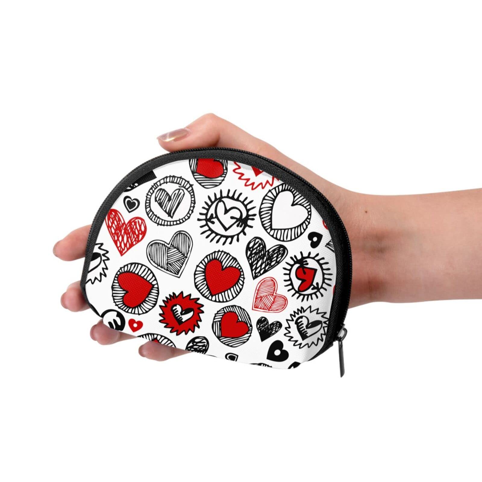 Coin Purse Pouch for Women Girls Zipper Small Change Purse Cute Shell Shape Red Hearts, 3.5x4.7inches