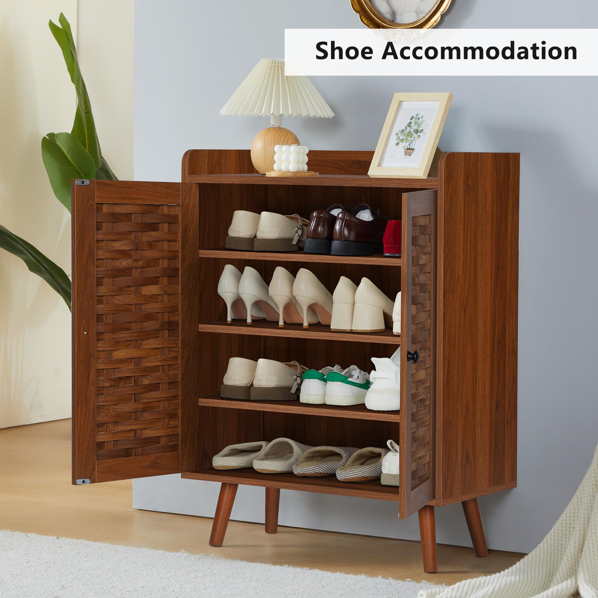 LEVNARY Shoe Storage Cabinet, 5-Tier Shoe Cabinet Storage Entryway with Adjustable Shelves, Wooden Storage Cabinet with Doors for Hallway Closet Living Room (Walnut)