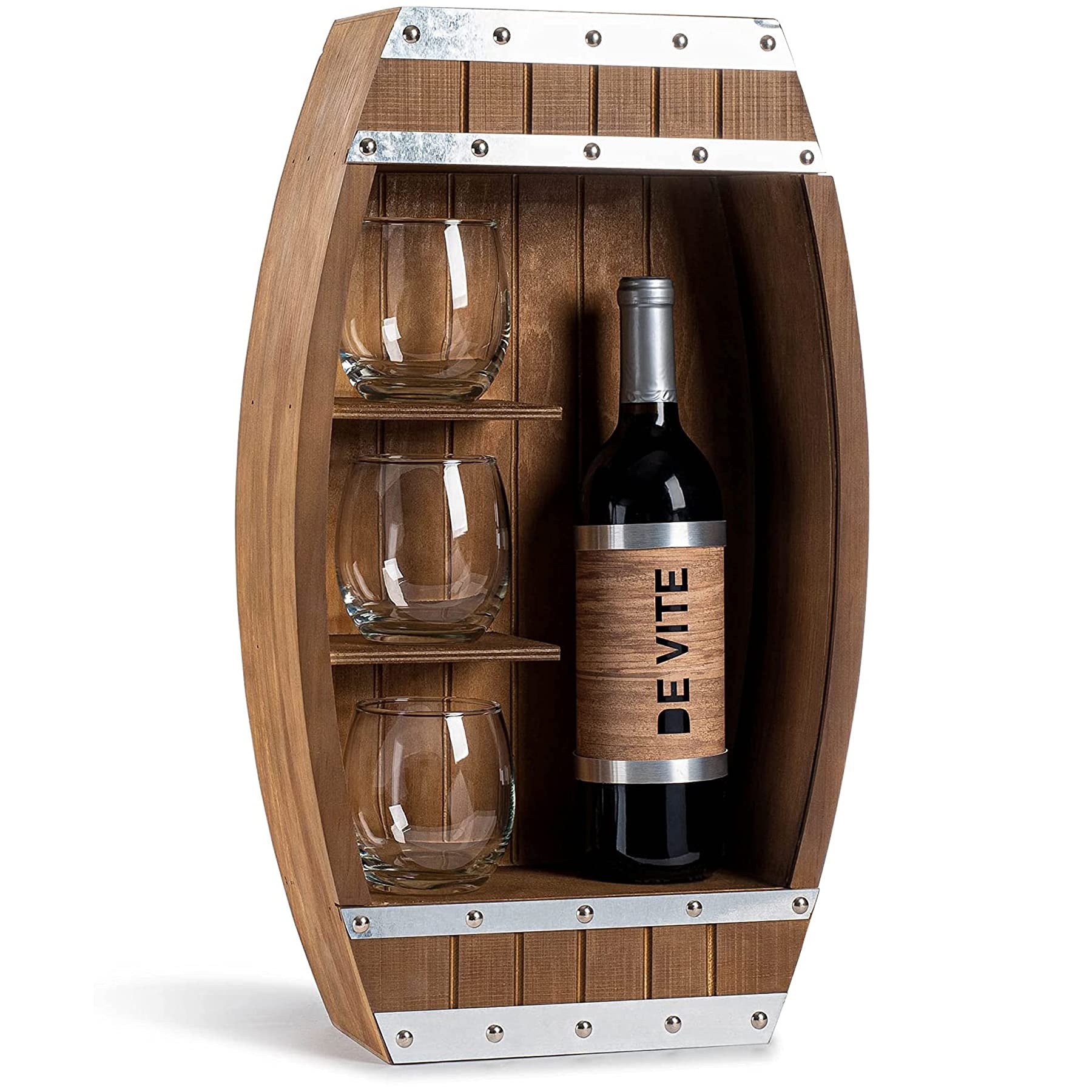 Wooden Wine Barrel Display - Pinewood Display Case with Sliding Cover Ideal for Wine Whiskey Scotch & More - 3 Built-In Shelves for Stemless Wine or Rocks Glasses, A Gift for Wedding or Any Occasion