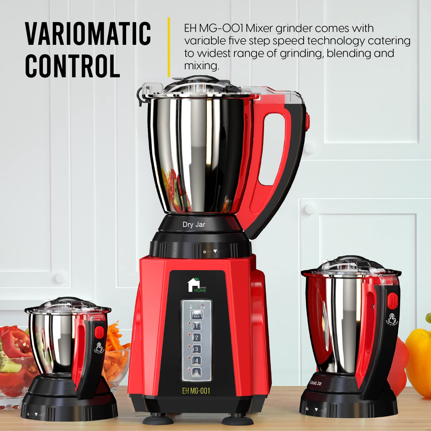 EconoHome Mixer Grinder - Electric Mixer Grinder for Asian Cooking, Food Prep - Includes Liquidizing Jar, Dry & Wet Grinder Jar, Chutney Jar, Lids & Spatula - 750W Motor, Stainless Steel 304 Blades