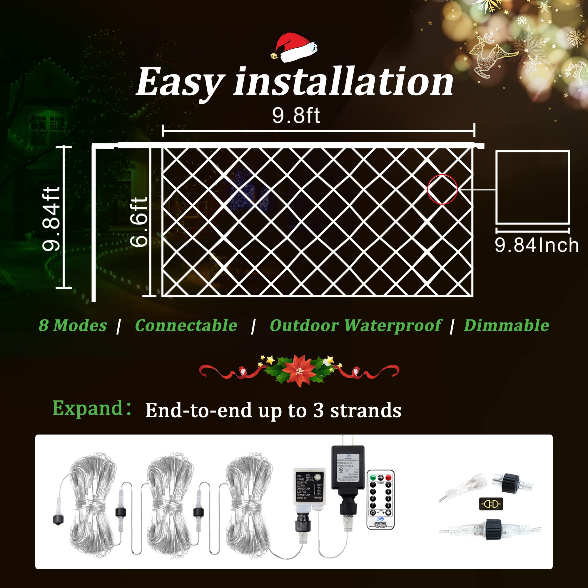 XURISEN 9.8ft x 6.6ft Christmas Net Lights,200 LED Mesh String Lights with Remote,8 Modes Connectable Net String Christmas Lights for Garden, Bushes, Wedding, Xmas Tree Decorations(Blue+Green)