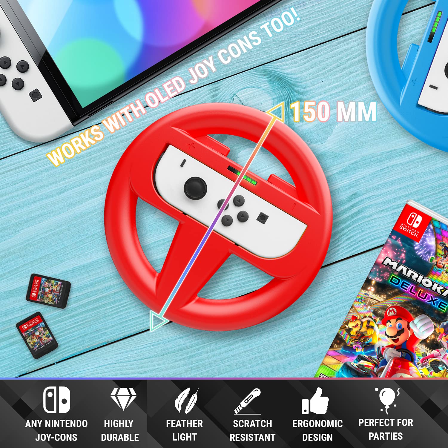 Orzly Steering Wheels for Nintendo Switch & OLED JoyCons, Racing Wheels for Mario Kart 8 Deluxe [Mariokart Switch Steering Wheel Joycon Controller Attachment Accessories] - TWIN PACK[1x Red & 1x Blue]