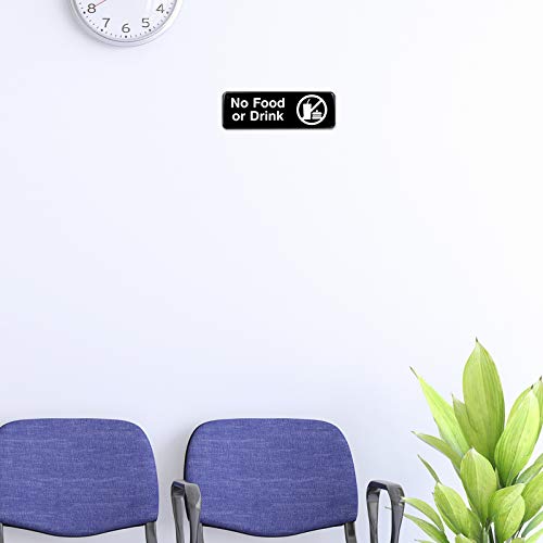 Excello Global Products No Food or Drink Sign: Easy to Mount Informative Plastic Sign with Symbols 9” x 3”, Pack of 3 (Black)