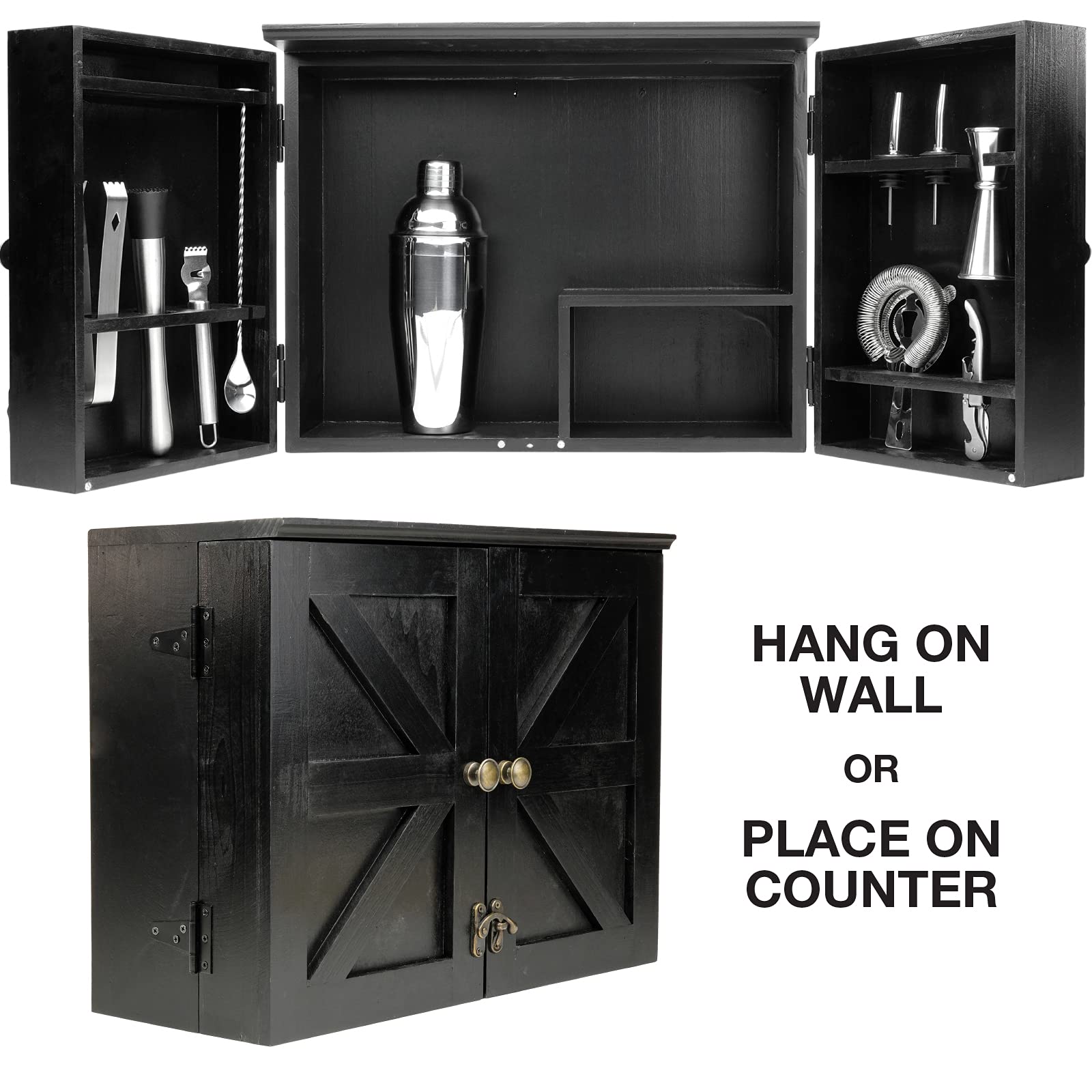 Excello Global Products Barndoor Bartender Cabinet with 10 Piece Bar Tool Set: The Perfect Kit for Home Bartenders (Black)