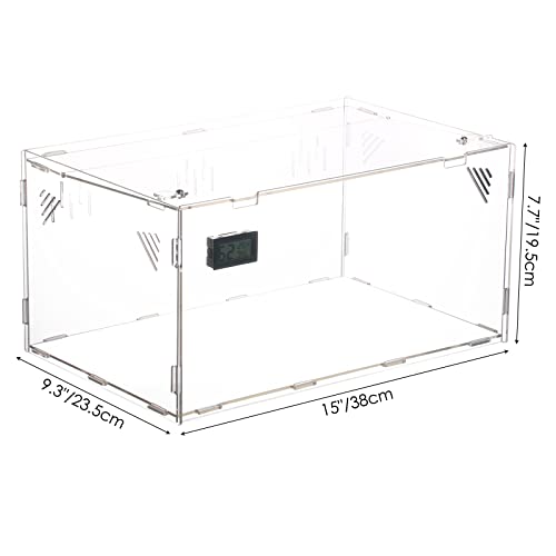 PetierWeit Reptile Terrarium Acrylic Reptile Tank with Temperature Hygrometer 15.3"x9.7"x7.6" Large Reptile Breeding Box Suitable for Tortoise, Horned Frog, Gecko, Chameleon, Snake, Hamster, Spider