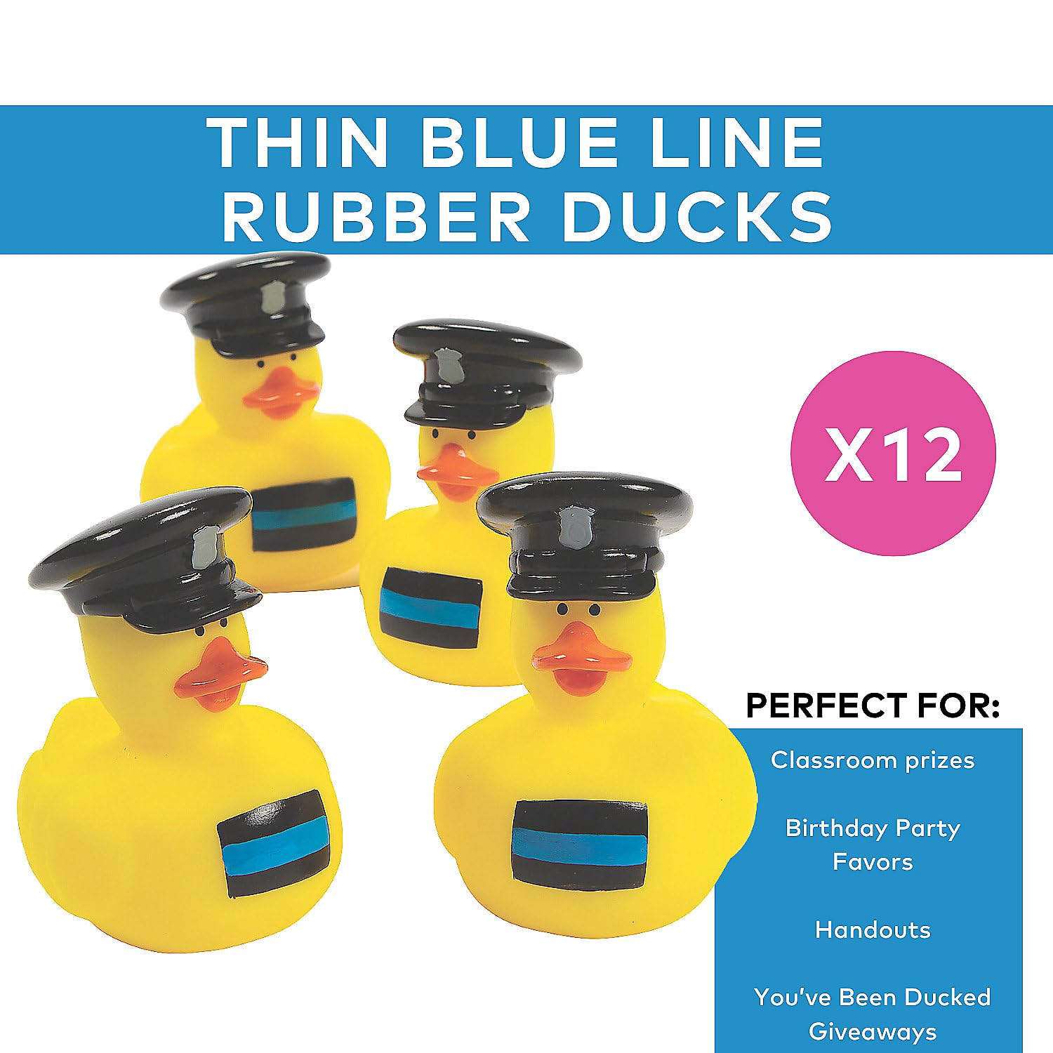 Thin Blue Line Police Rubber Ducks, 12 Pieces, Birthdays, Grand Events, Party Favors, Table Decorations, Treasure Chest Supplies