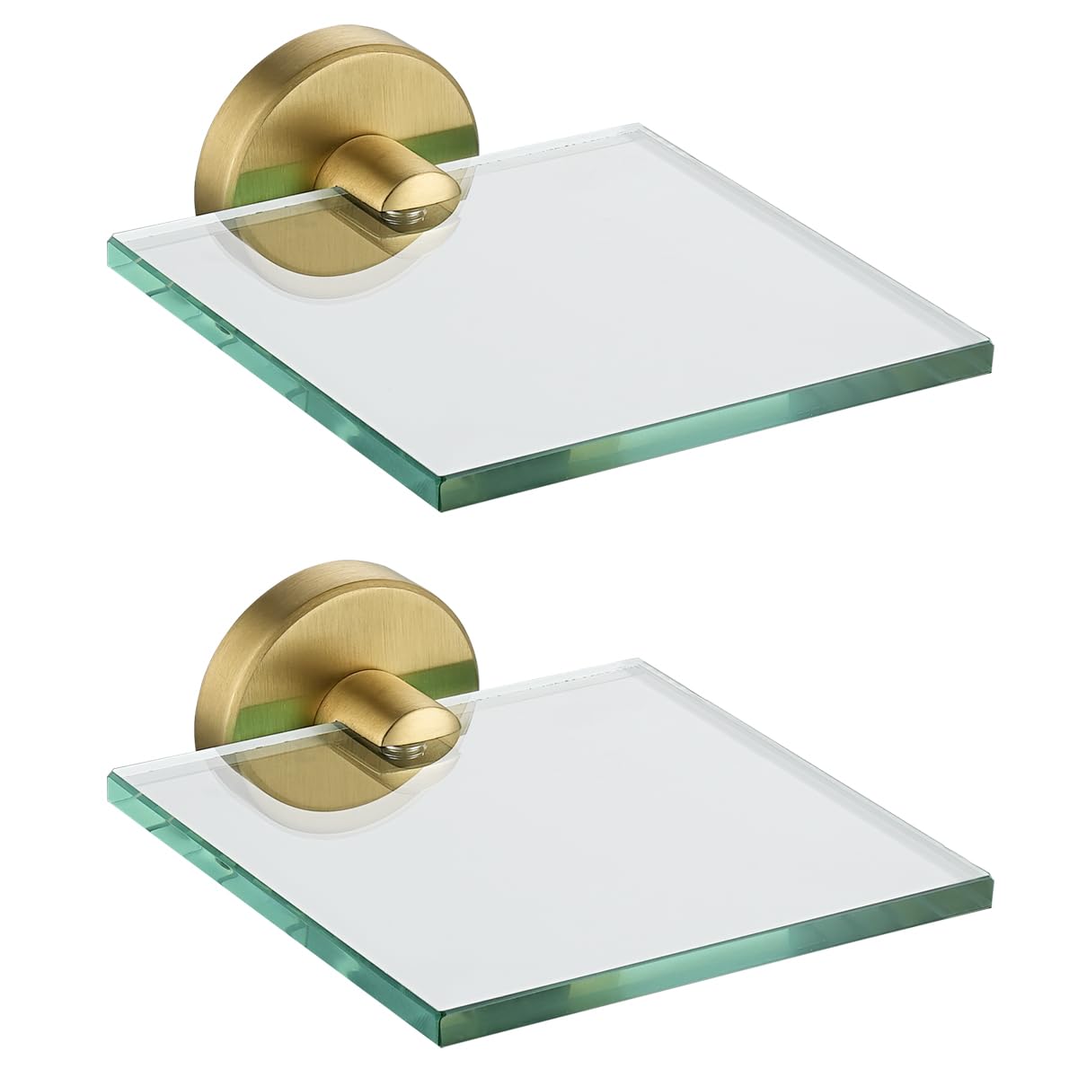 JQK Small Floating Glass Shelves Gold, 4 Inch Display Ledges for Wall, Mini Decor, Living Room Bedroom Bathroom, Tempered Glass Shower Storage, 2 Pack, TGS101L4-BG-P2