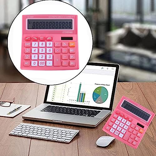 Office Desk Calculator 12 Digits with Solar Power and Easy to Read HD LCD Display, Big Buttons, for Financial Affairs,Home, Office, School, Class and Business,with Battery,Pink