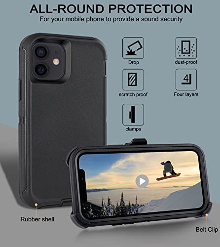 GYJ for iPhone 12/for iPhone 12 Pro Case 6.1" Belt-Clip Kickstand Holster with 2 Screen Protector,Full Body Rugged Heavy Duty Military Grade Shockproof/Drop Protection Cover (Black+Clip)