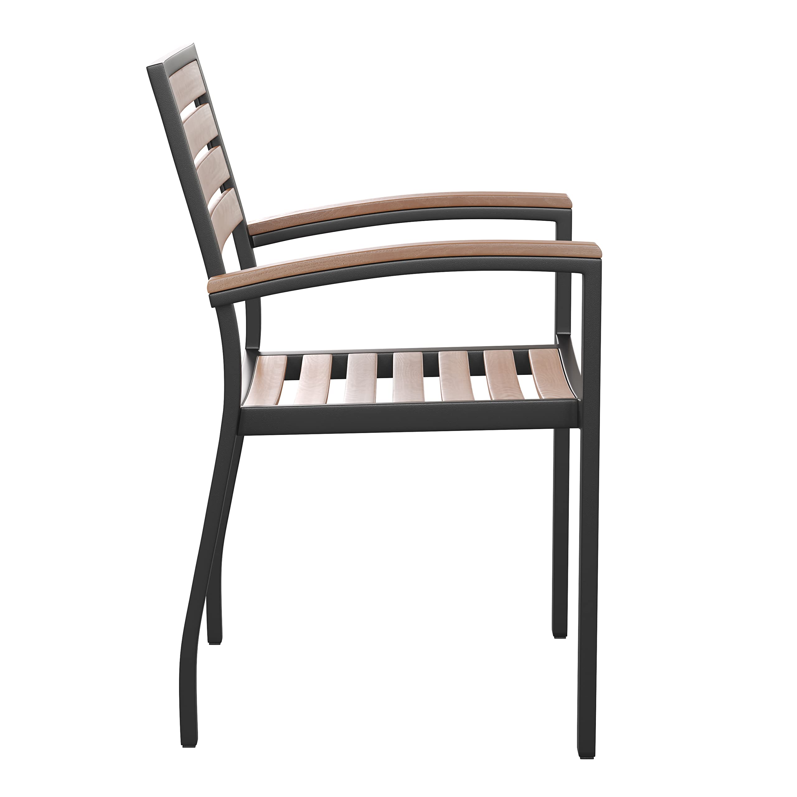 EMMA + OLIVER Stackable Aluminum Patio Chair - Set of 2 All-Weather Black Framed Side Chair with Faux Teak Slats - Commerical Grade