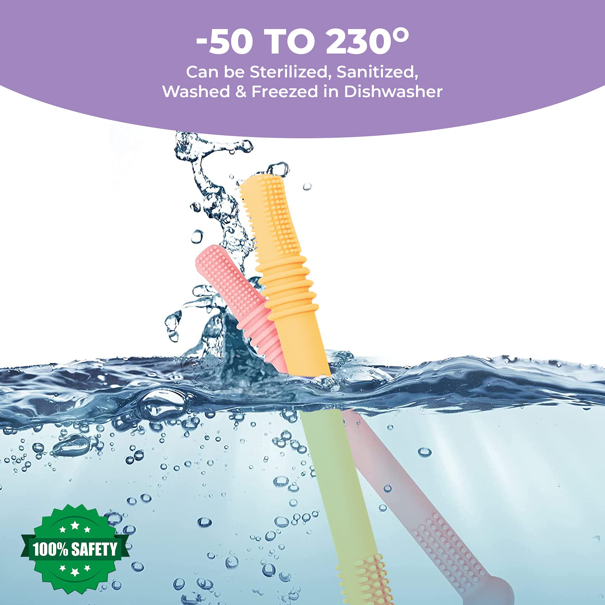 Samar Valley Teething Tubes - Pack of 4 Safe Silicone Baby Straws with Cleaning Brush and Different Surfaces/Colors for Healthy Molar Growth, Color Recognition, and Motor Control