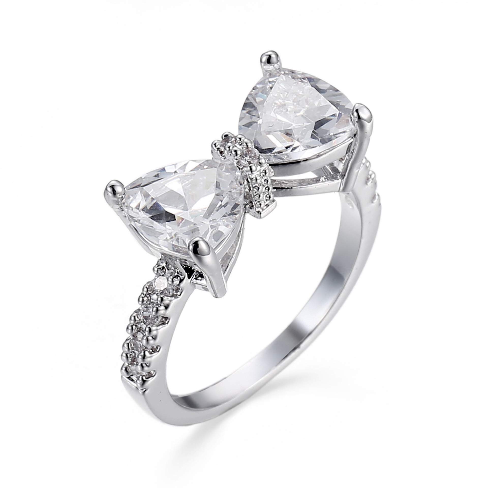 chenwei Size 6-10 white fashion bow ring heart-shaped cubic zirconia bow white gold plated eternity ring to give girlfriend a holiday gift (8)