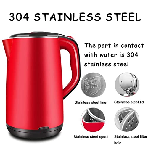 MDRBB Electric Kettle, Stainless Steel Tea Kettle, 1500W Fast Boiling Cordless Water Kettle, Electric Hot Water Kettle Tea Heater 2L with Auto Shut-Off, for Coffee, Tea, Beverages/Red/18 * 18 * 23Cm