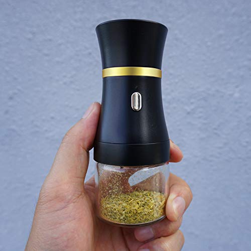 Electric Grinder Spice Herb Grinder USB-Rechargeable, 2pcs 1.7oz Glass Herb Chamber - Mini Portable (Black & Gold Ring)