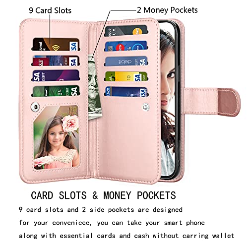 NJJEX Compatible with iPhone 13 Pro Case/iPhone 13 Pro Wallet Case 6.1" (2021), [9 Card Slots] PU Leather ID Credit Holder Folio Flip [Detachable] Kickstand Magnetic Phone Cover & Lanyard [Rose Gold]