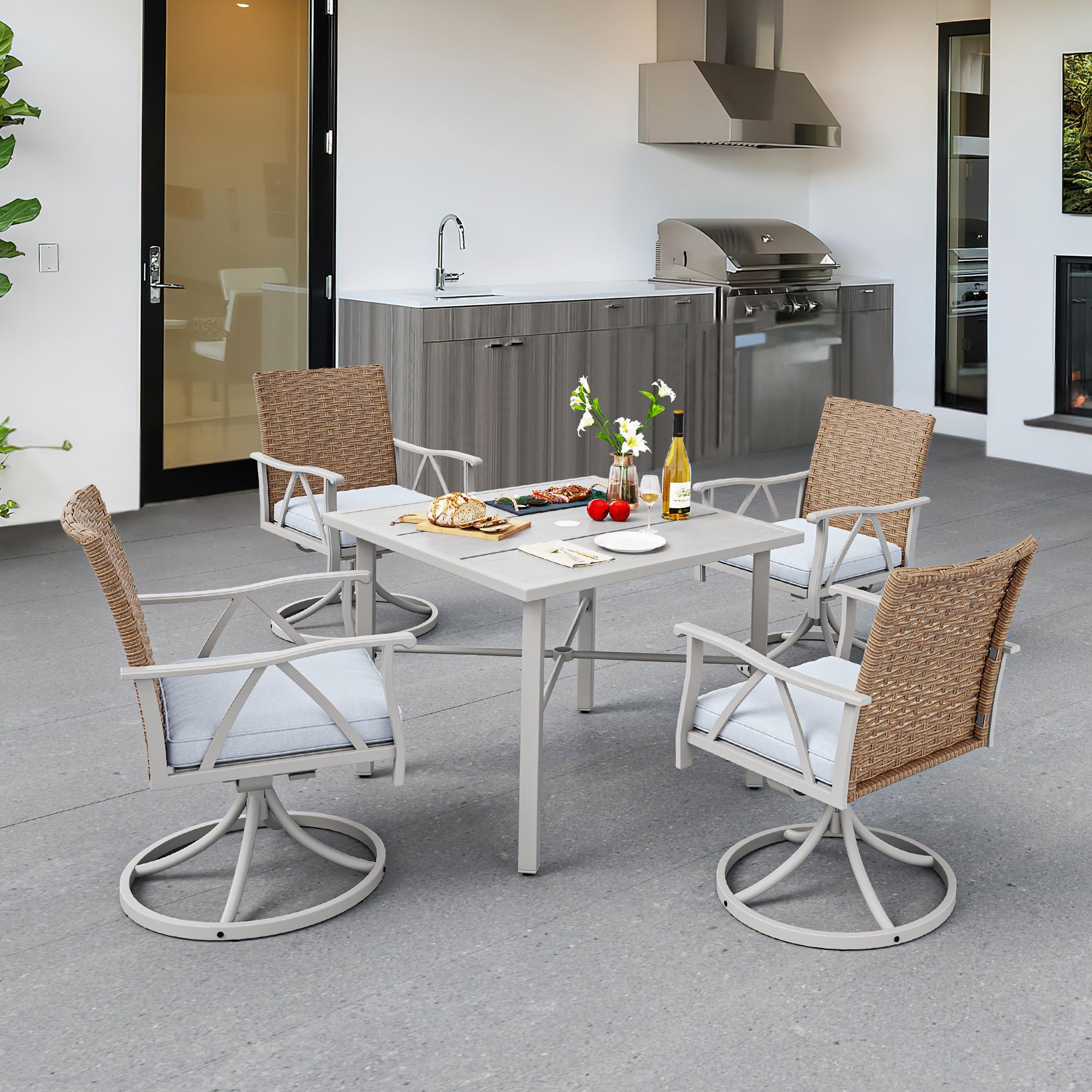 YITAHOME 5-Piece Patio Dining Set, Outdoor Wicker Conversation Furniture w/4 Swivel Dining Chairs and 2" Umbrella Hole Imitation Wood Grain Dining Table for Backyard, Balcony and Garden