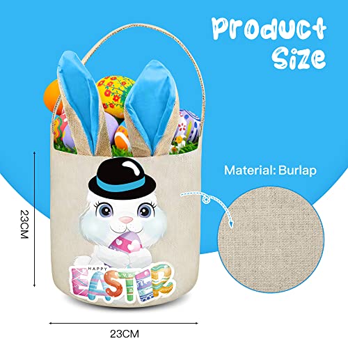 Easter Basket Bunny Canvas Bag - Easter Eggs Gift Baskets for Kids Eggs Hunt Bag Easter Bunny Tote Bag Easter Decorations (Blue)