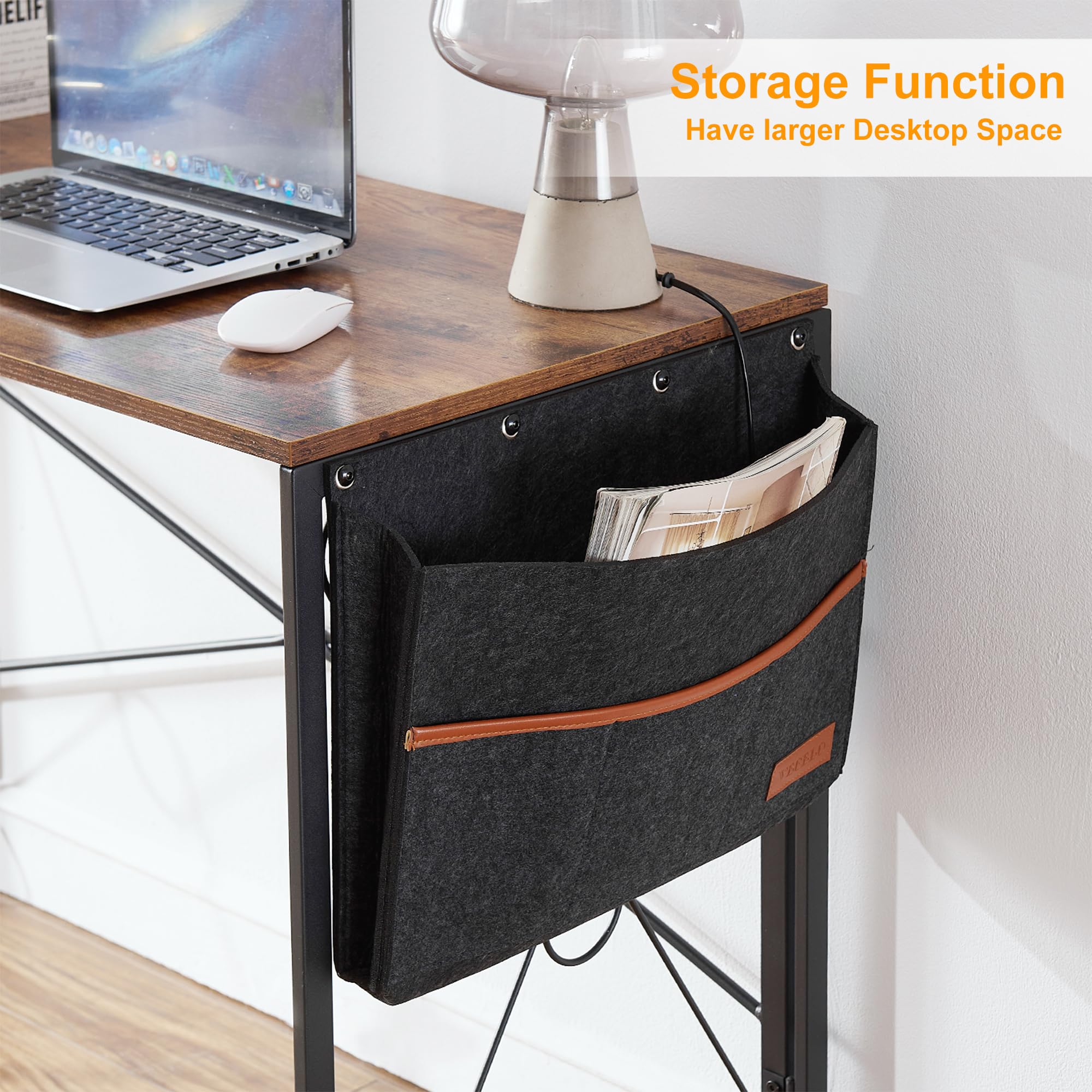 VECELO Folding Desk with Storage Bag 39 Inch Writing Desk Home Office Sturdy Steel Laptop Table for Home Office Work Rustic Brown