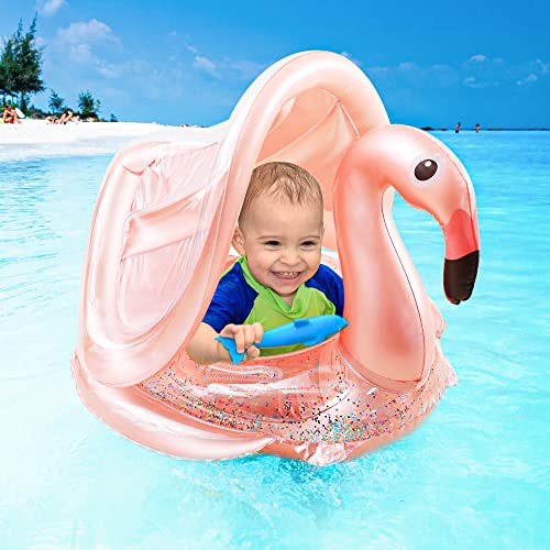Ekoropshop Baby Pool Float with Canopy Inflatable Flamingo Swimming Pool Float Swimming Ring with Safety Seat for Kid 4-48 Months