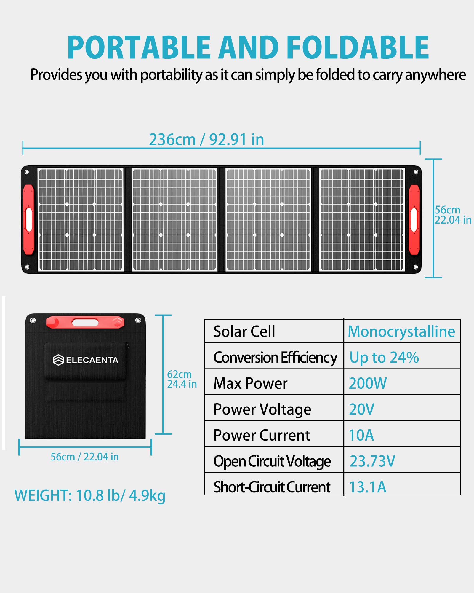ELECAENTA 200W Portable Solar Panel, Ultra-Light/Only 11lbs, Flexible & Foldable Monocrystalline ETFE Solar Charger with Kickstand, IP54 Waterproof for Outdoors RV Camping Off Grid Adventures