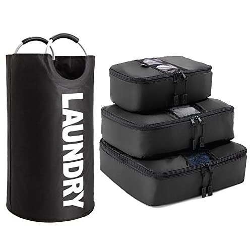 Gorilla Grip Laundry Basket and 3 Piece Packing Cubes, Laundry Basket Size 115L, Easy Carry Handles, Space Saving Travel Bags for Carry On in Multiple Sizes, Mesh Zipper, Both in Black, 2 Item Bundle