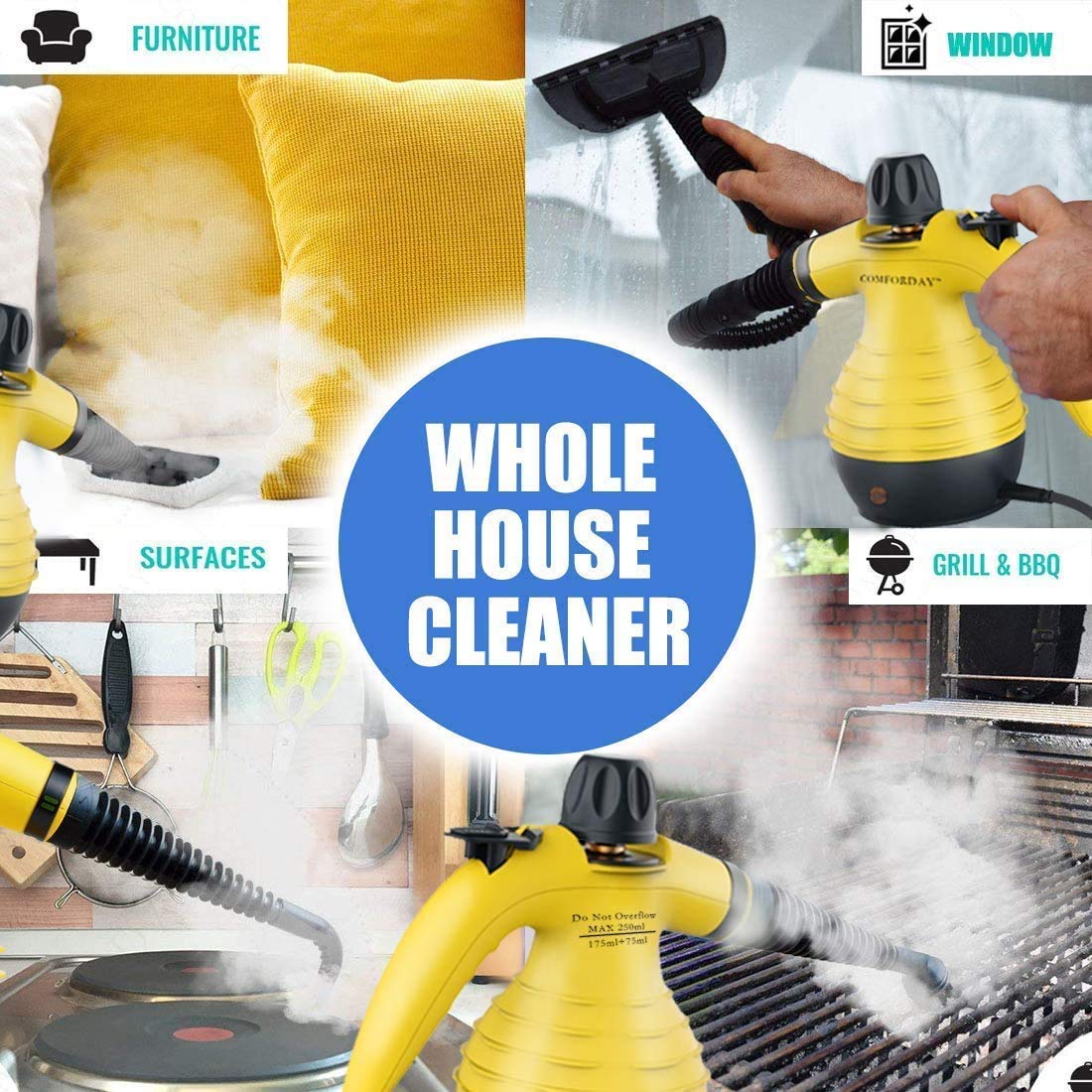 Comforday Multi-Purpose Handheld Steam Cleaner with 9 Piece Accessories for Stain Removal Carpets Curtains Car Seats Kitchen Surface Yellow normal