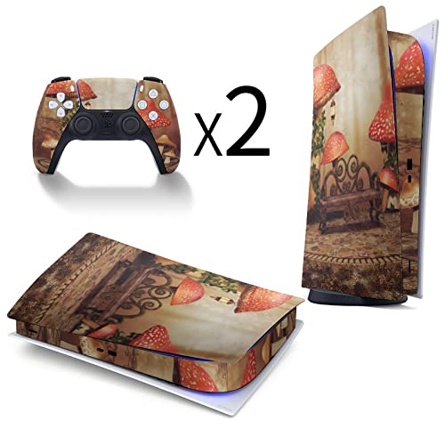 Fairytale Autumnal Scenery Mushroom Lamp Full Protective Skin Cover Design Wrap Decal Sticker Compatible with PS5 Digital Edition Console and Controller