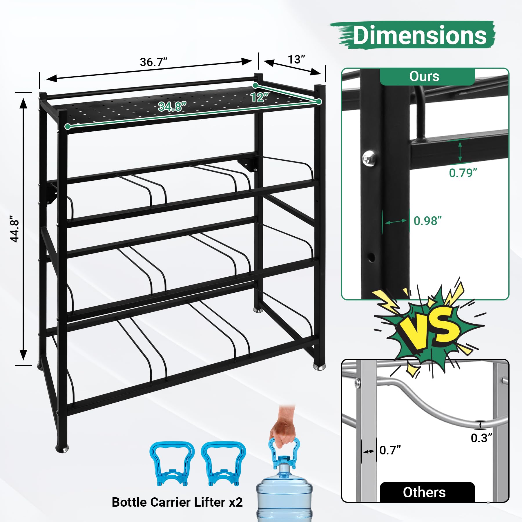 Eastrexon 5 Gallon Water Jug Holder Heavy Duty,4-Tier Water Jug Rack w/Top Shelf, Wall Mount Water Bottle Holder for 9 Bottles, Powder Coated Water Rack Stand for Home, Office, Restaurant, Gym.
