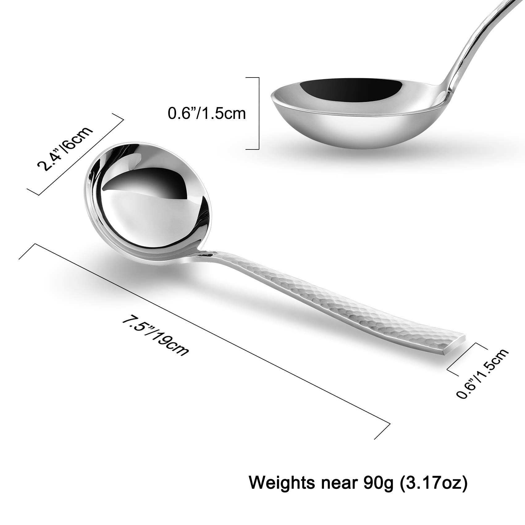 KEAWELL Unique 7.5 inch Small Hammered Sauce ladle, 1 oz. 18/10 Stainless Steel Gravy Soup Ladle. Solid and Sturdy, Dishwasher Safe (2)