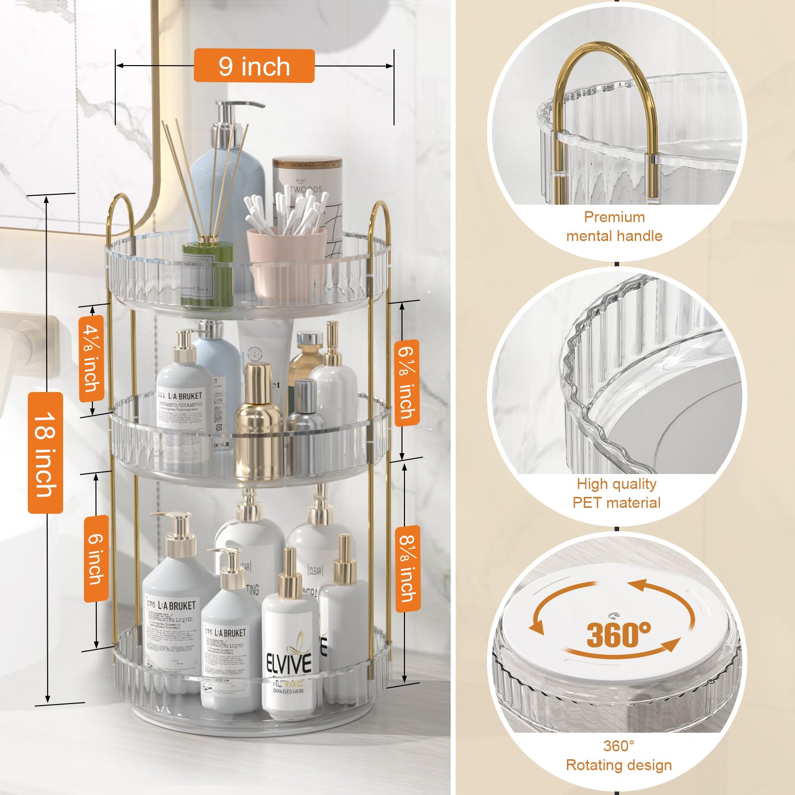 JNFUZ 360° Rotating Skincare Organizers, 9" 3 Tier Perfume Makeup Organizer Bathroom Counter Organizer Storage Spinning Countertop Makeup Organizers for Vanity, Cosmetics Rack for Dresser