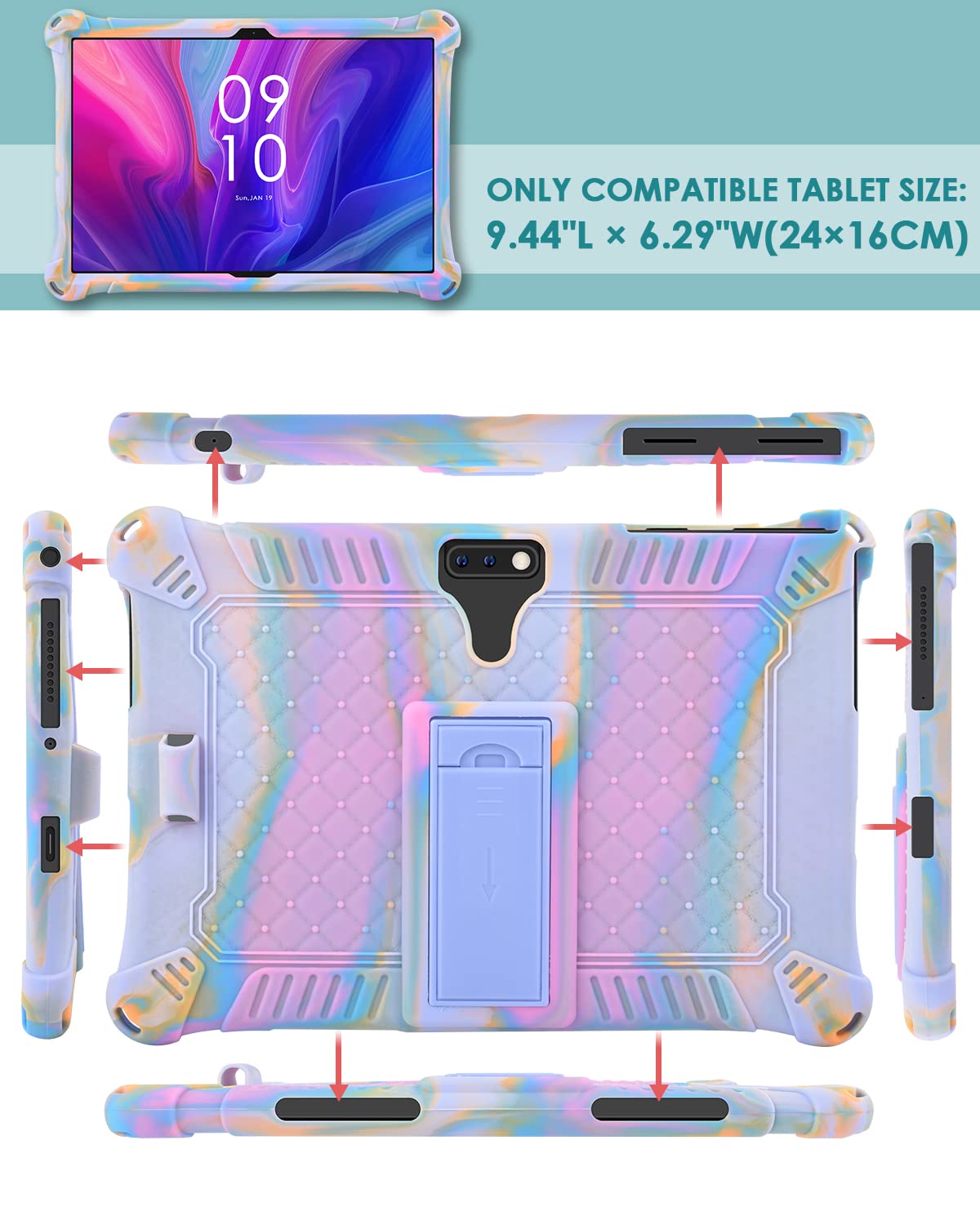 DETUOSI ZZB 10.1 inch Silicone Case with Shoulder Strap & Stylus Pen, Multi-Angle Stand Tablet Case, Soft Lightweight Cover for Winsing MTK 10 inch Tablet, ANTEMPER Touch, Rose Red & Purple