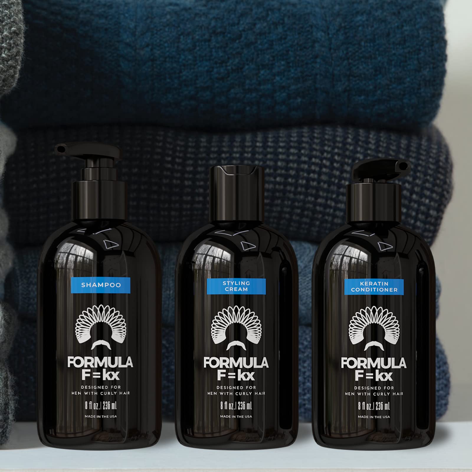 Formula F=kx - Curly & Kinky Hair Care System for Men - Hydrating Shampoo, Conditioner, and Curl Cream Set - Sulfate Free - Ocean Scent - 8oz Each