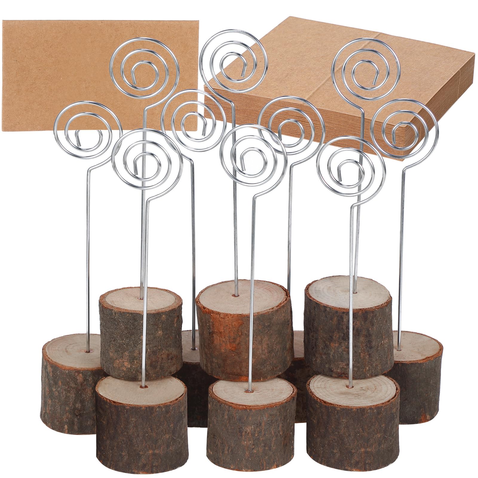 Gilprop 24 Pcs Wood Place Card Holders with Swirl Wire Wooden Memo Holder and 48 Pcs Kraft Place Cards Table Number Holders Picture Stands for Table Note Clip Holders for Wedding Party Name Food Sign