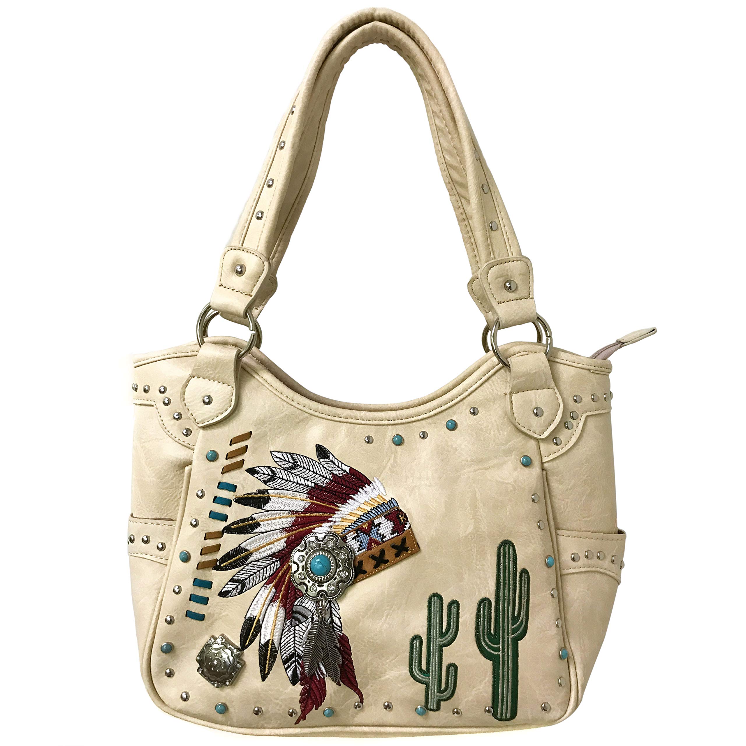 Justin West Native American Chieftain Cactus Feathers Embroidered Studded CCW Concealed Carry Shoulder Purse Handbag Wallet (Beige)
