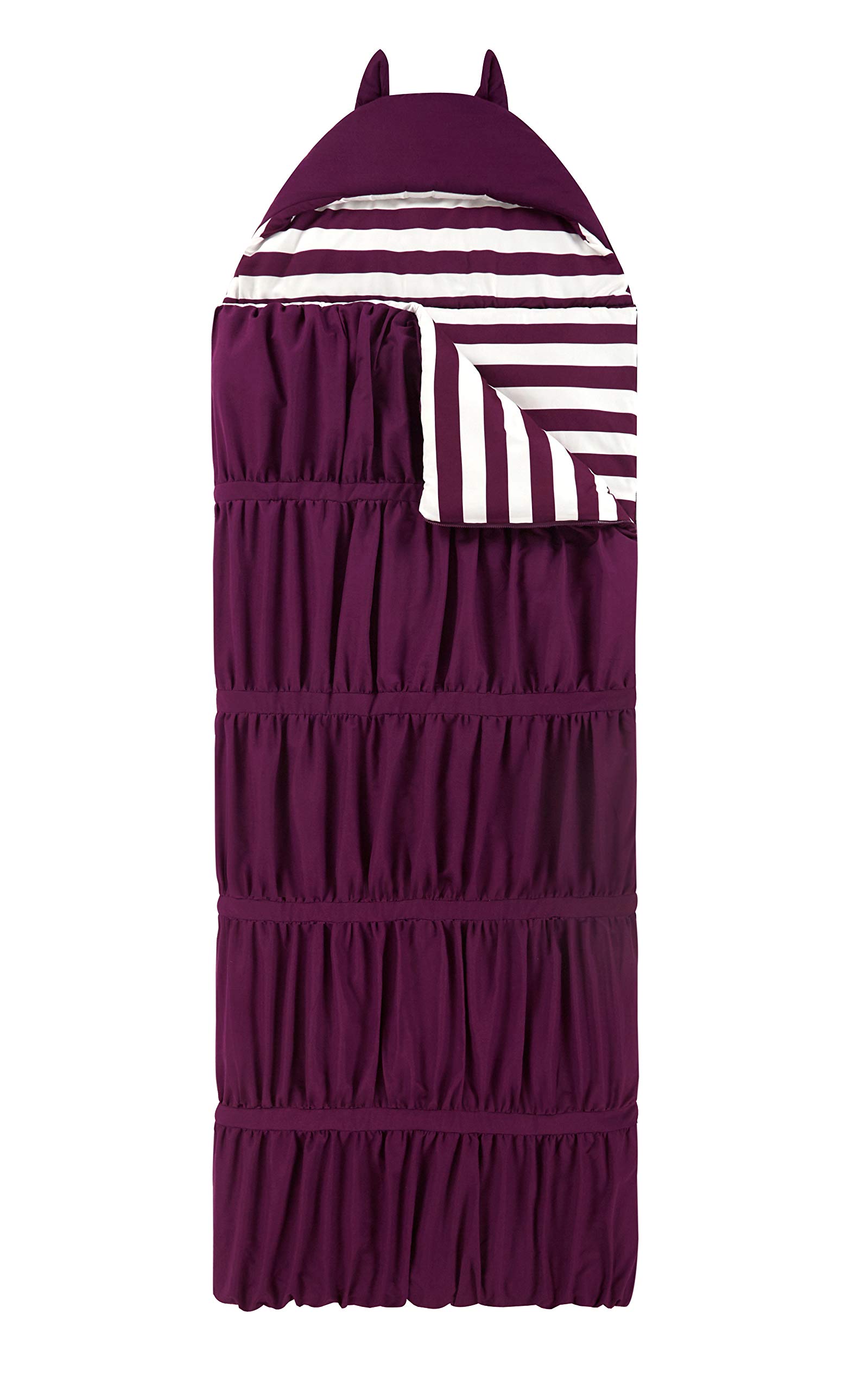 Chic Home Reina Sleeping Bag with Cat Ear Hood Ruched Ruffled Design with Striped Interior for Kids, Teens & Young Adults Zipper Closure, 32" x 75" Purple
