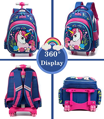 Meetbelify Girls Unicorn Rolling Backpacks Kids Backpack with Wheels for Girls School Bags with Lunch Box