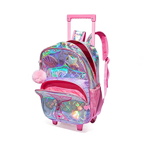 Meetbelify Rolling Backpack for Girls School Backpack with Wheels Kids Roller Luggage for Elementary Kindergarten Students with Lunch Box Pencil Case for Girls 5-12 Years Old