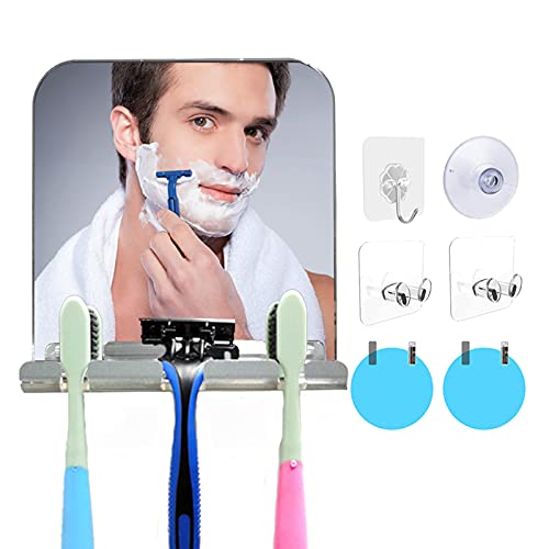 Funerom 5.4x5.1 inch Fogless Bathroom Shaving Mirror with Built-in Razor Holder Includes 4 Adhesive Hooks 2 Anti-Fog Film Anit-Fog Shower Mirror Frameless Portable Square