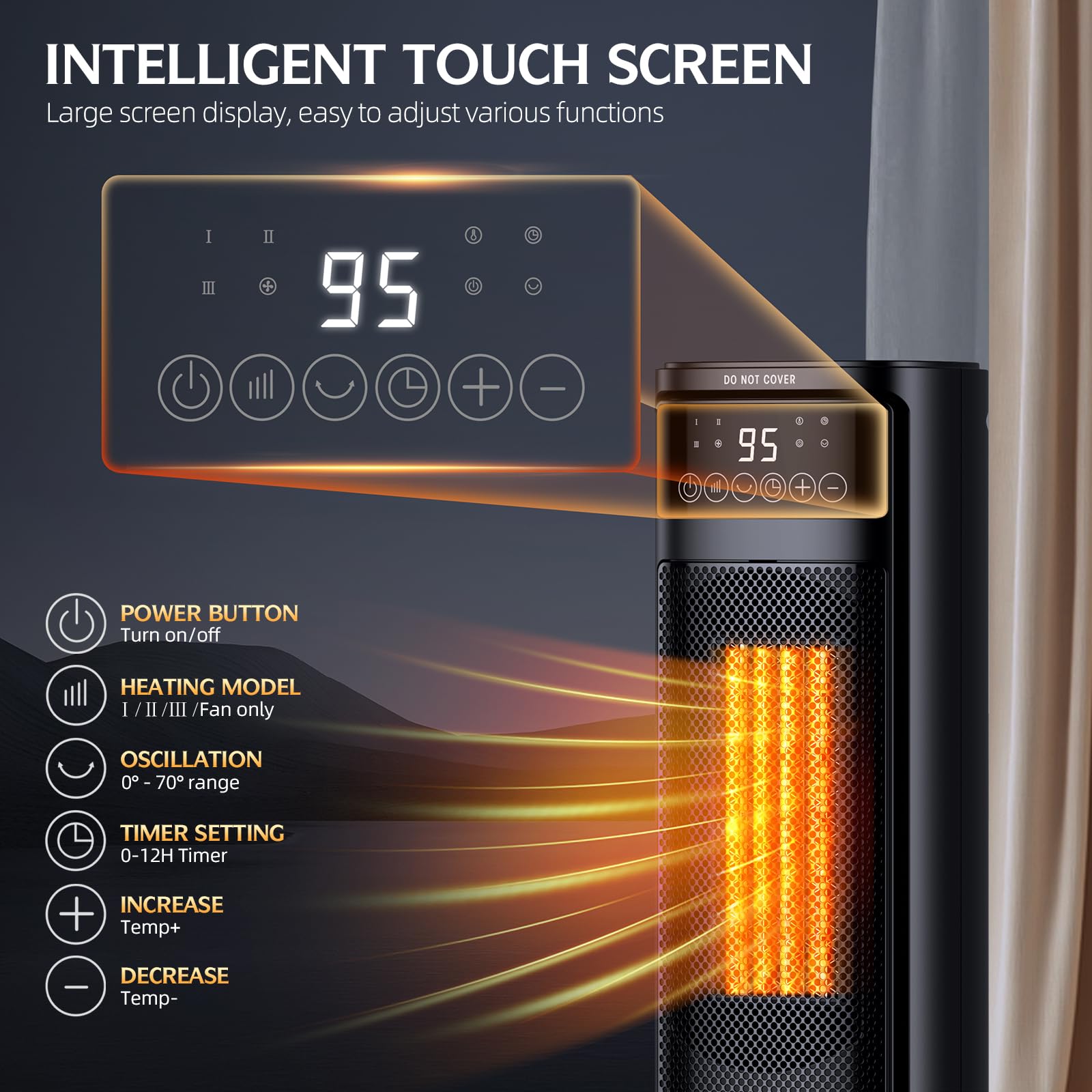 GIOFXY Indoor Space Heater, 1-12H Timer, Digital Display, 70°Oscillation, PTC Ceramic Electric Heating 1500W, Suitable for Office, Home.