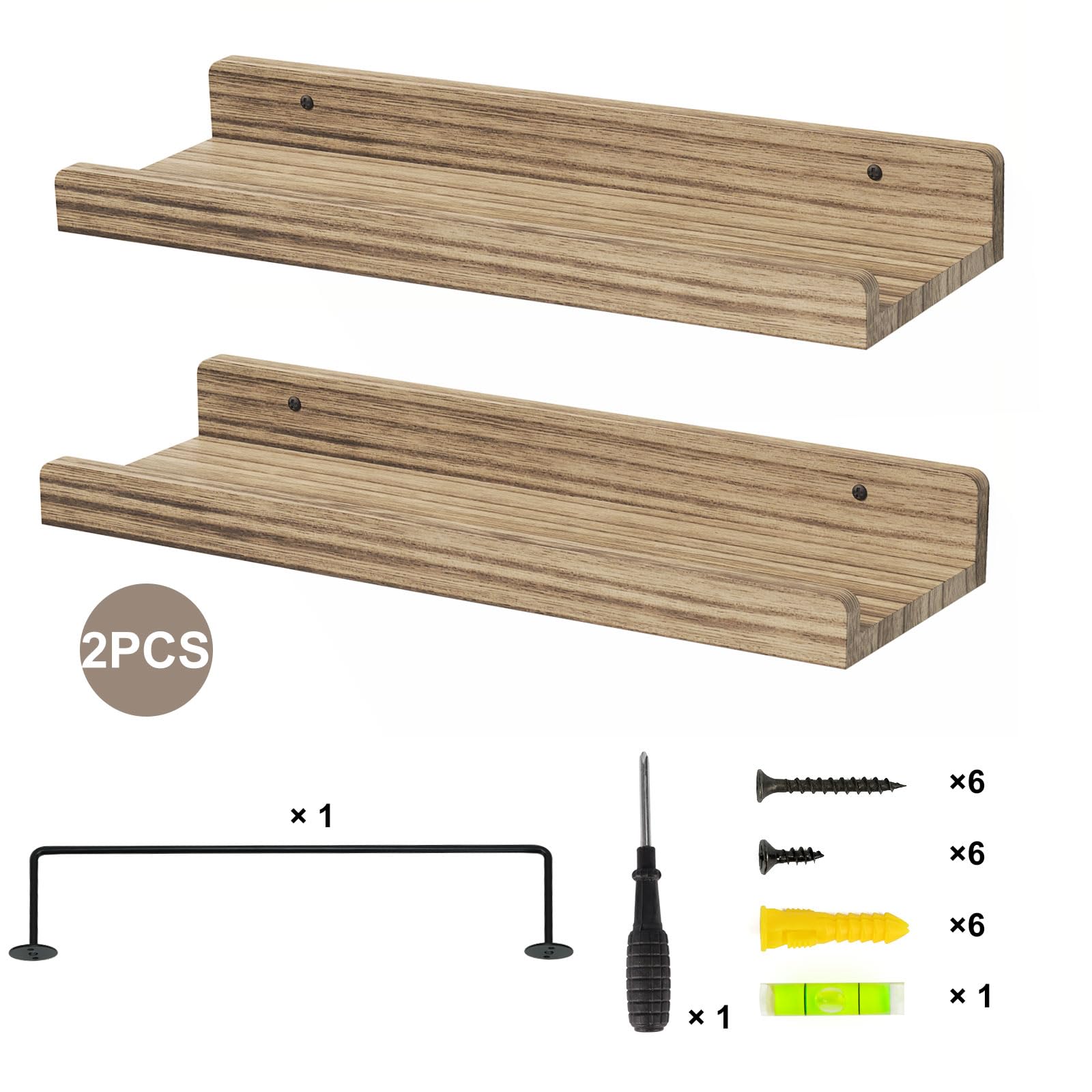 Fixwal Bathroom Floating Shelves Set of 2, Wall Mounted Shelves with Towel Rack, Ledges for Bathroom, Kitchen, Nursery (Light Brown)