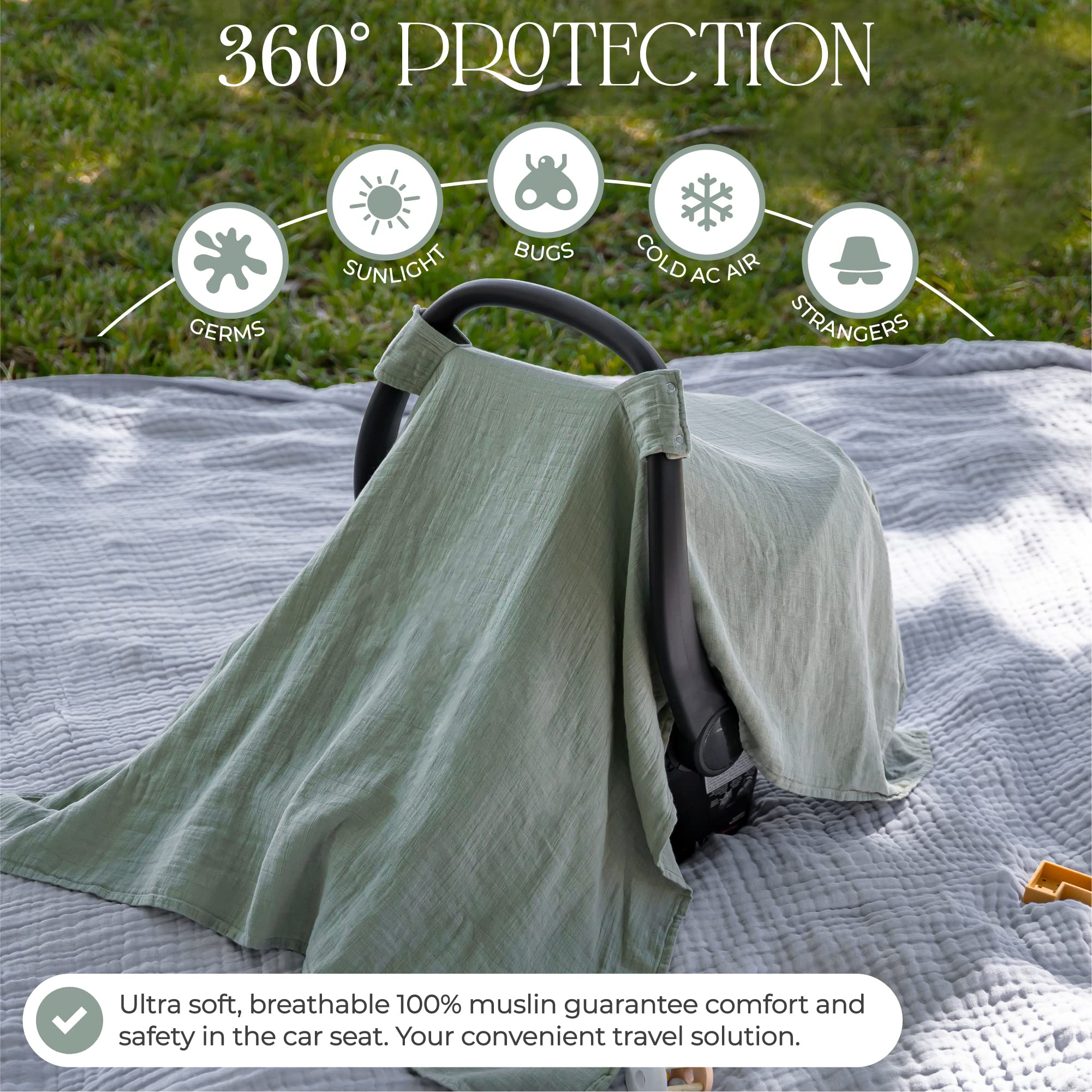 Comfy Cubs Swaddle Blanket Baby Girl Boy Easy Adjustable 3 Pack and Muslin Cotton Baby Car Seat Cover Bundled